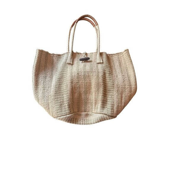 J.M | Bags | Handwoven Jute Leather Tote Bag With Toggle Closure ...